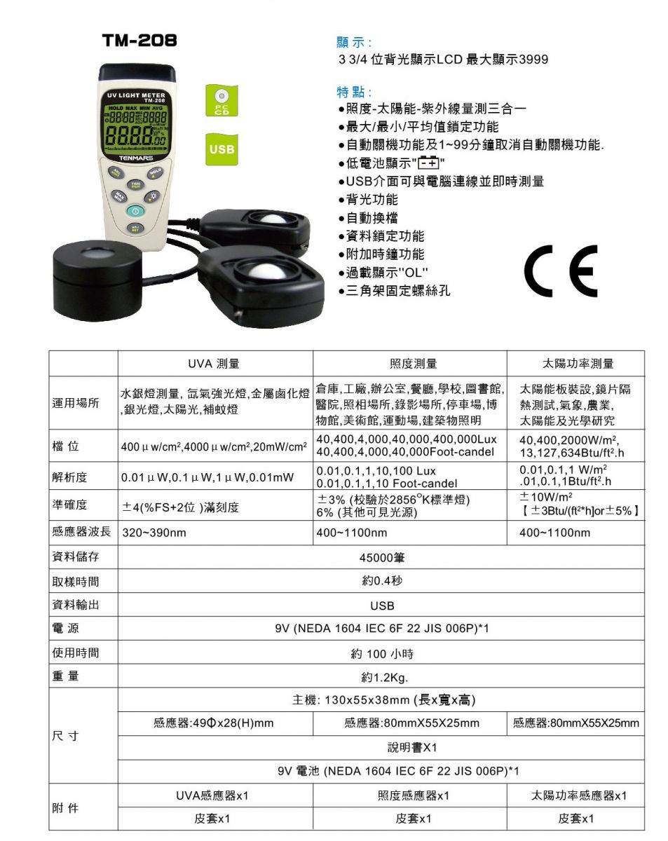TM208/TM-208 照明/太陽/紫外線 3合1測光儀 - 產品展示 - 凱傑安全用品防護用具